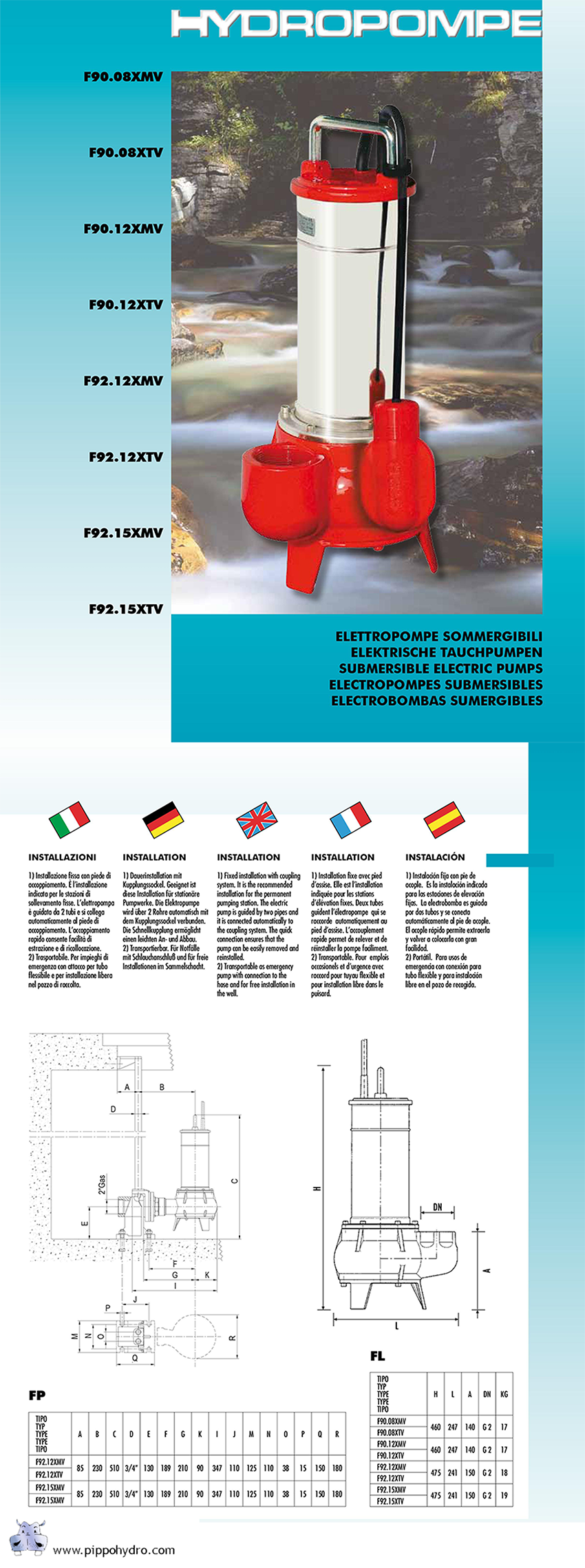 HYDROPOMPE F90 - Pompa sommersa trifase per fognature e acque sporche ...